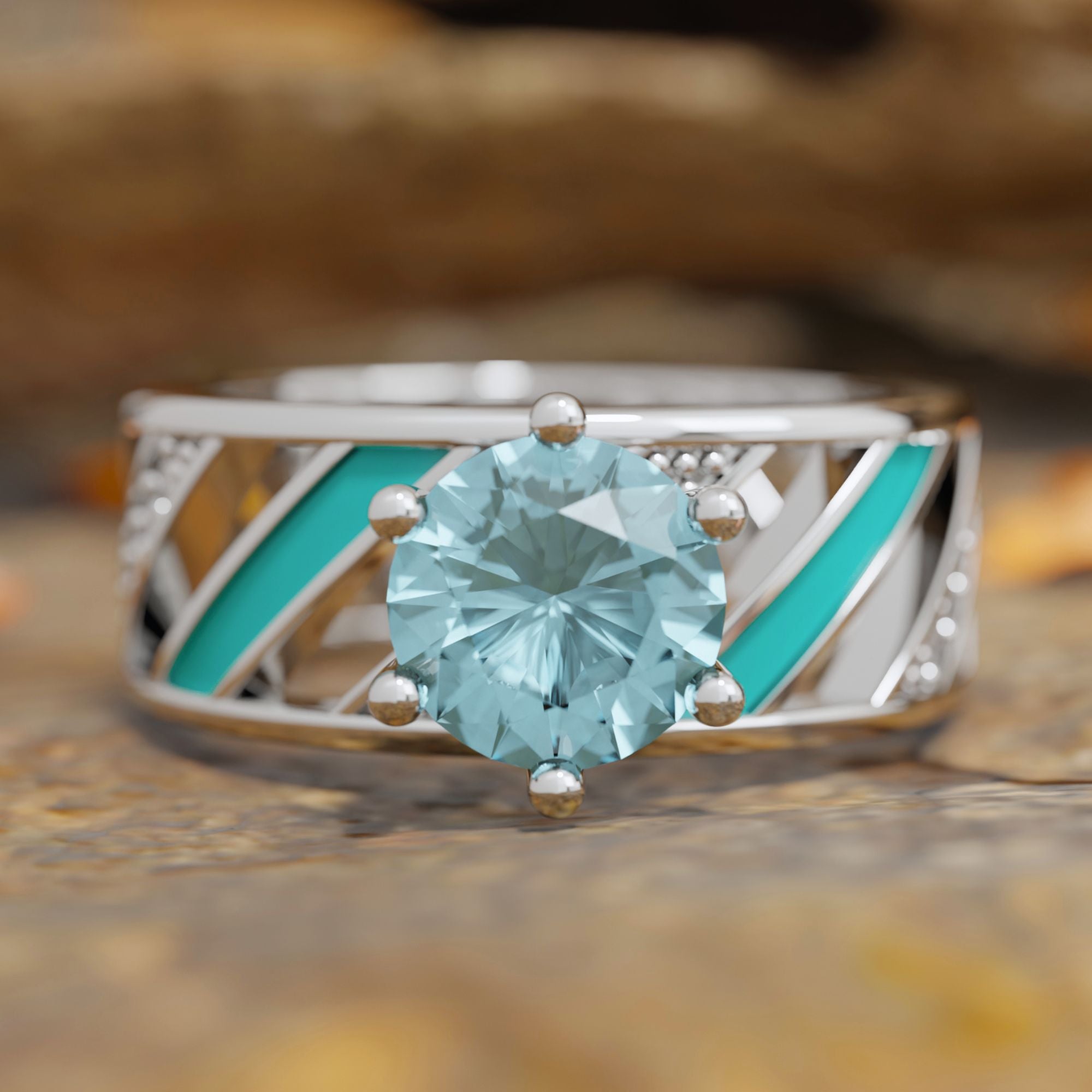 Round Aquamarine & Turquoise Sterling Silver Western Engagement Ring