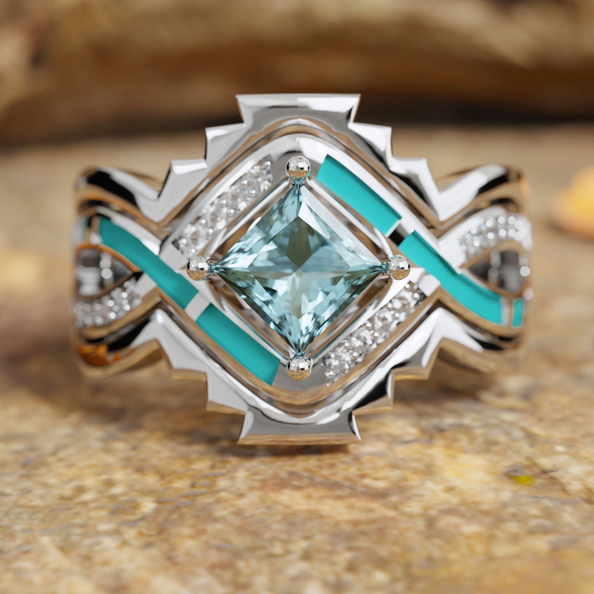 Square Aquamarine & Turquoise Sterling Silver Western Stacking Ring