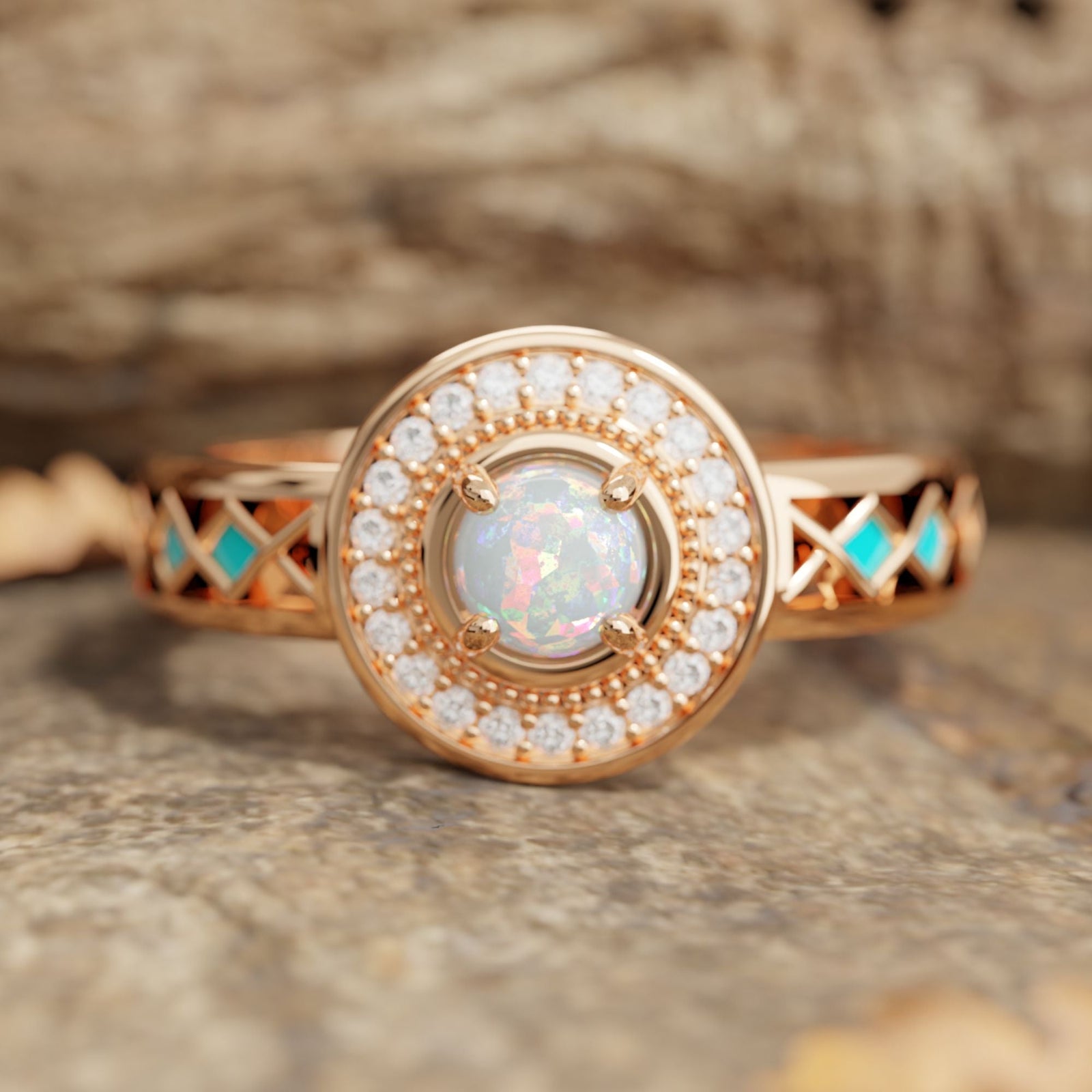 Round Opal & Turquoise Sterling Silver Western Ring