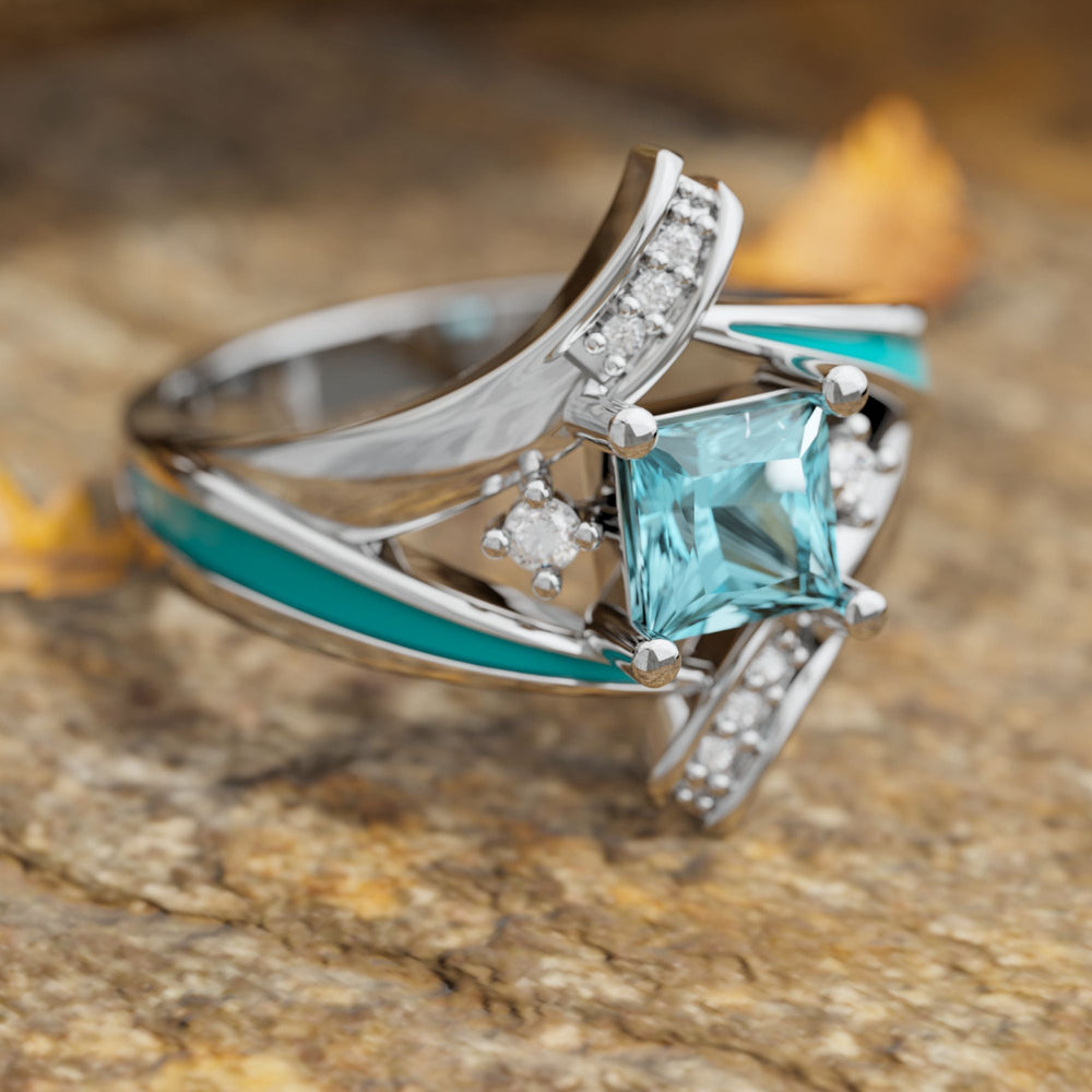 Square Aquamarine & Turquoise Sterling Silver Western Ring