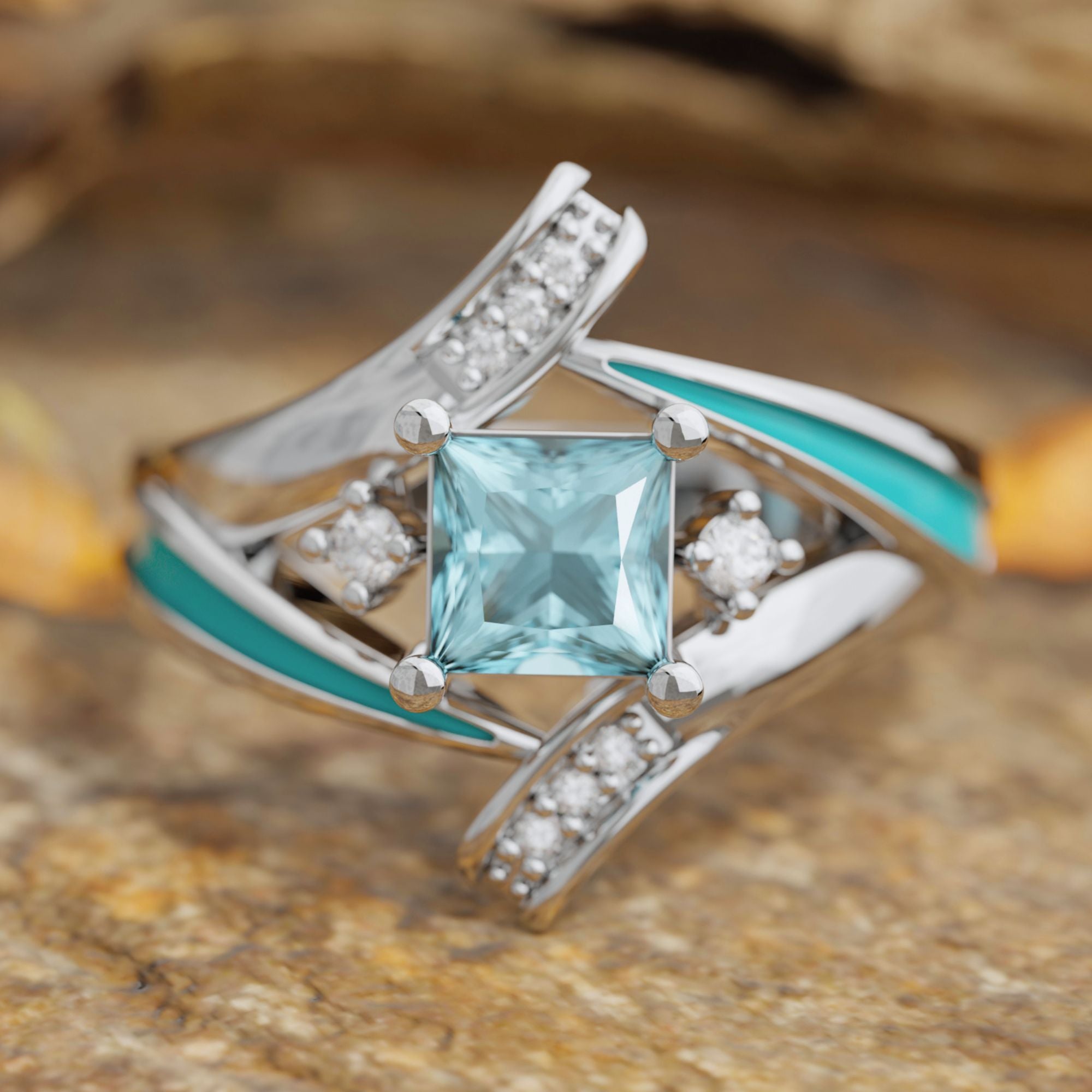 Square Aquamarine & Turquoise Sterling Silver Western Ring