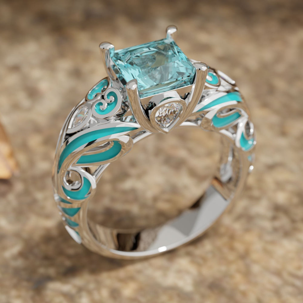Square Aquamarine & Turquoise Sterling Silver Western Engagement Ring