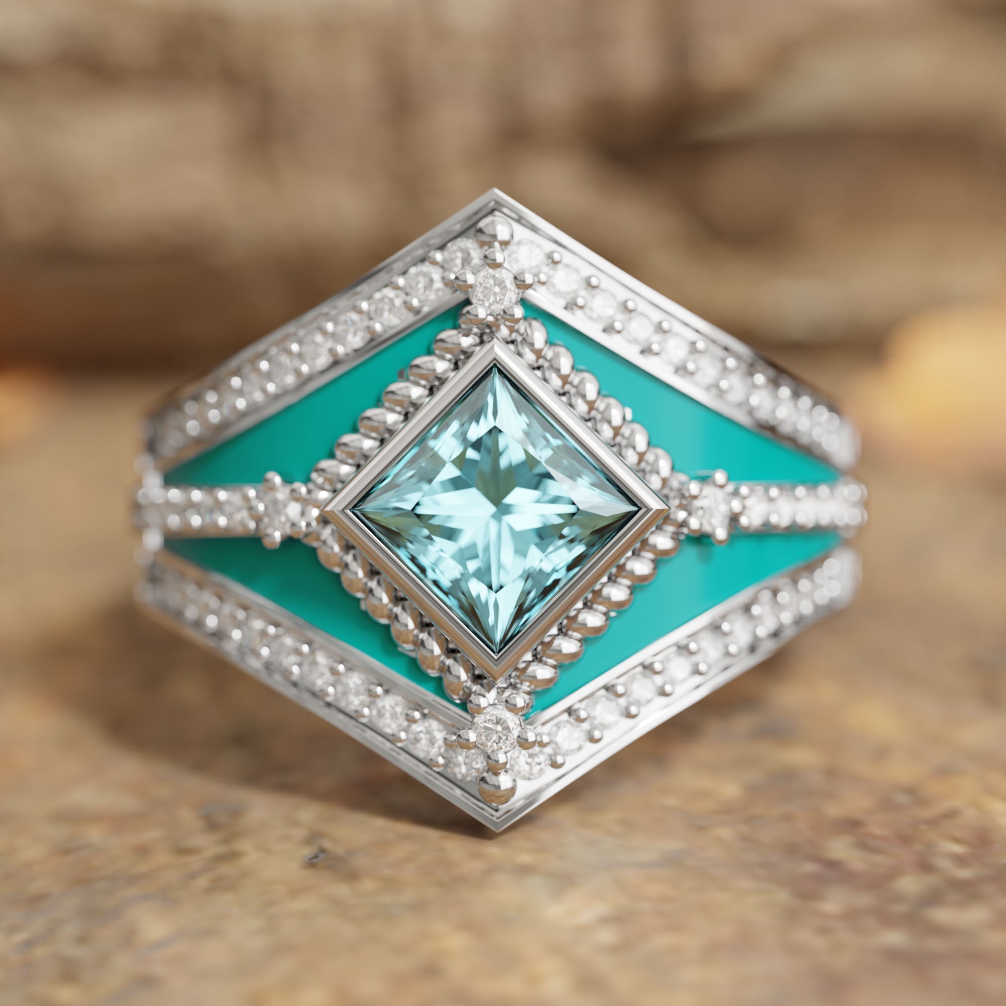 Square Aquamarine & Turquoise Sterling Silver Western Ring